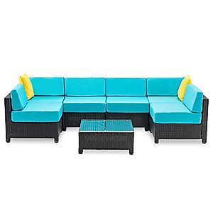 MCombo Patio Furniture Sets 7 Pieces Outdoor Wicker Sectional Sofa Set, PE Rattan Aluminum Frame with Glass Table for Garden, Backyard, 6080-7PC (Turquoise)