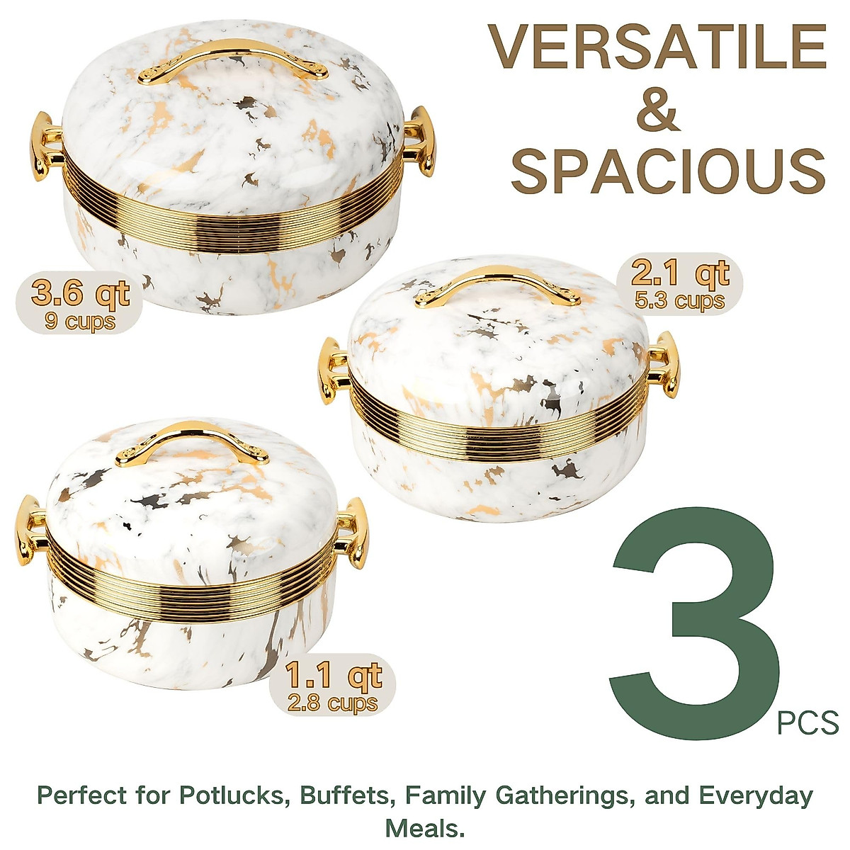 TOMANOON Round Thermal Hot/Cold Serving Bowls Set of 3, 3.5/2/1 L Insulated Casserole Dishes With Lid, Great for salad, stews, and soup, Ideal for parties, holidays, and Travel(Marble White)