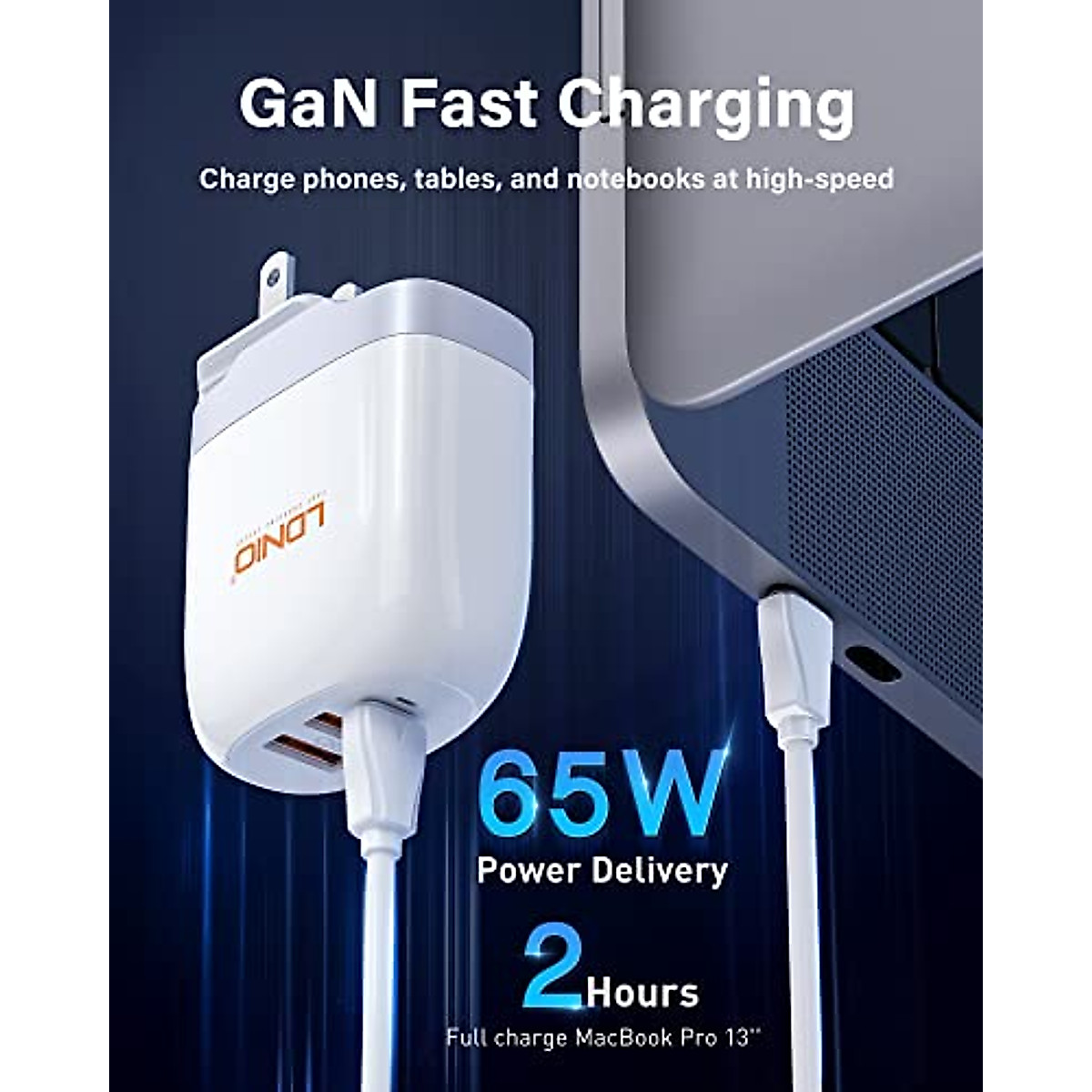 LDNIO 65W GaN USB C Charger 3-Port, PPS Compact Fast Charger with PD & QC3.0, Removable Wall Charger Power Adapter for MacBook Pro Air, iPad Pro Air, iPhone 14/13/12, Galaxy, Dell XPS Laptop etc