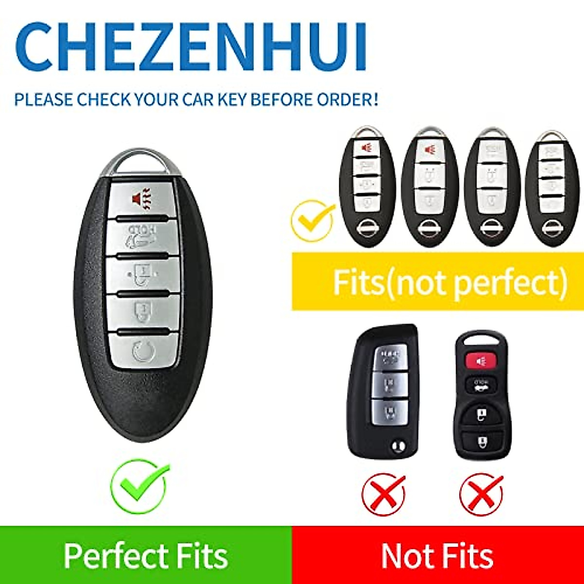 CHEZENHUI Compatible with Nissan Key Fob Cover with Leather Lanyard, Car Key Case Shell Protection for Nissan Altima Rogue Sentra Pathfinder Frontier Maxima Titan 5 Button Remote Smart Key, White