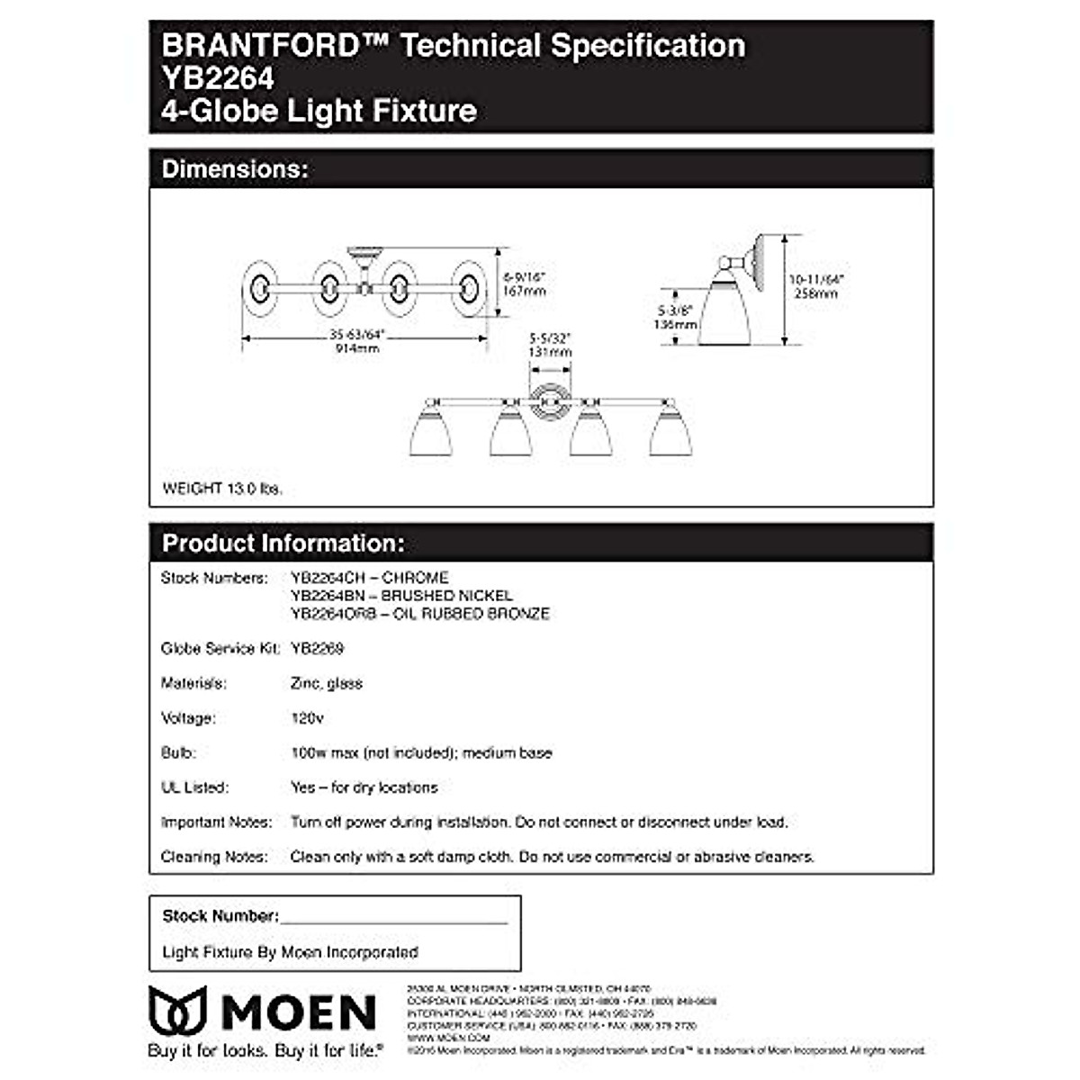 Moen YB2264CH Brantford 4-Light Dual-Mount Bathroom Vanity Fixture with Frosted Glass, Chrome