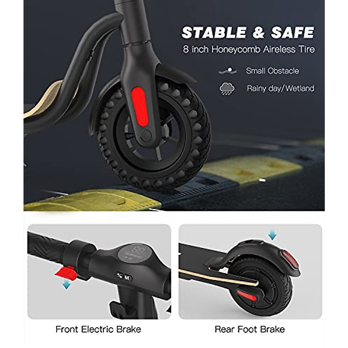 Electric Scooter, 3 Gears, Max Speed 15.5MPH, 12 Miles Powerful Battery with 8'' Tires Foldable Electric Scooter for Adults, Max Load 220 lbs