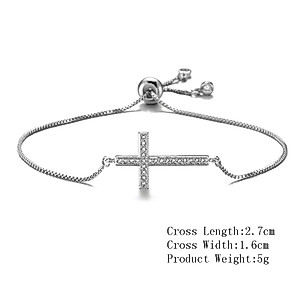 NEWBUY Classic Design AAA+ Cubic Zirconia Cross Charm Bracelets For Women Adjustable Copper Chain Bracelet & Bangle Christian Jewelry Baptism Gift (white Gold Plated)