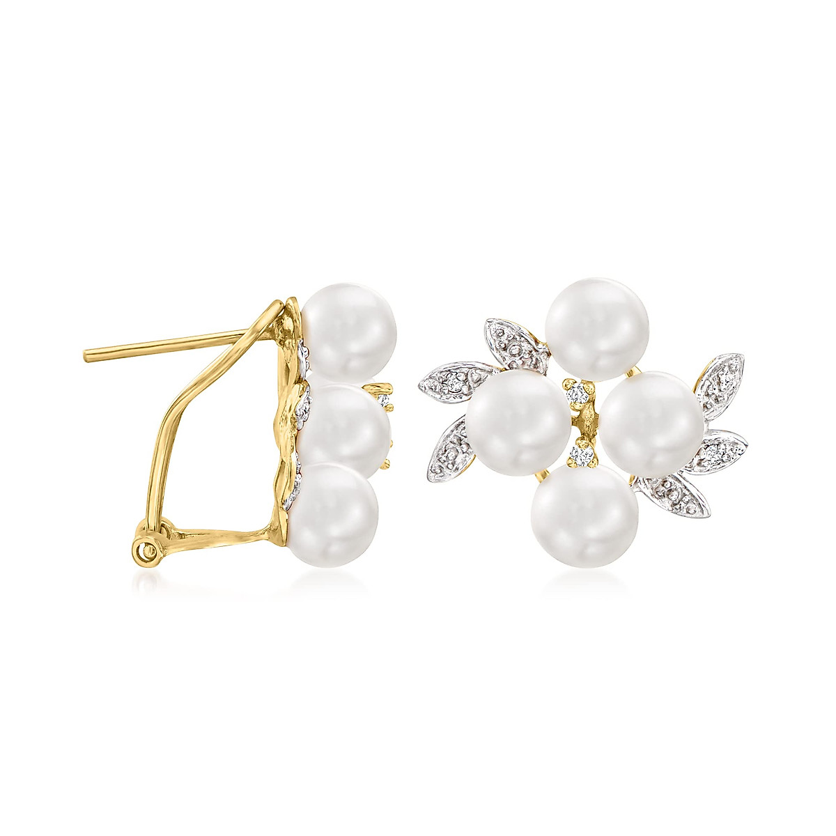 Ross-Simons 5.5-6mm Cultured Pearl Cluster Earrings With Diamond Accents in 14kt Yellow Gold