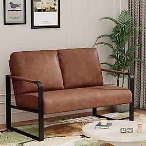 POINTANT Love Seat Mini Couch Small Settee Loveseat Bench for Living Room, Faux Leather Loveseat Sofa Small Sofa Couches for Small Spaces with Padded Cushion, Mid Century Modern Dark Brown Love Seats