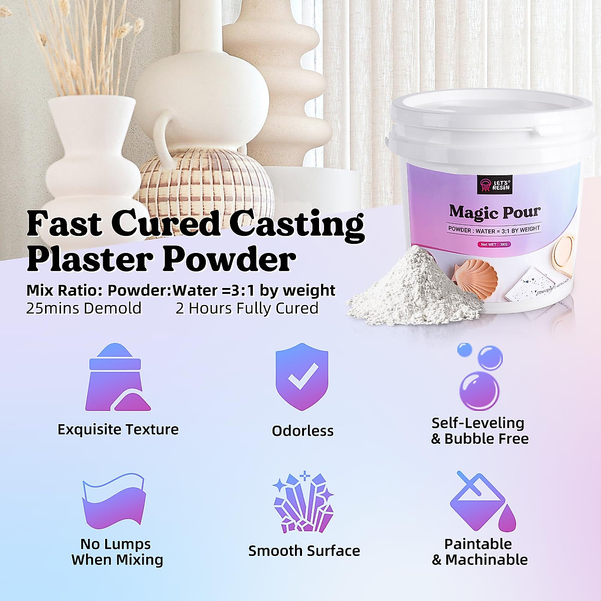 LET'S RESIN Resin Casting Powders 3000g, Fast Cured Casting Resin Kit for Beginners,20~30 Minutes De-Mold, Water Activated Plaster Powder Casting Kit for Resin Molds, Easy Mixing & Self Leveling
