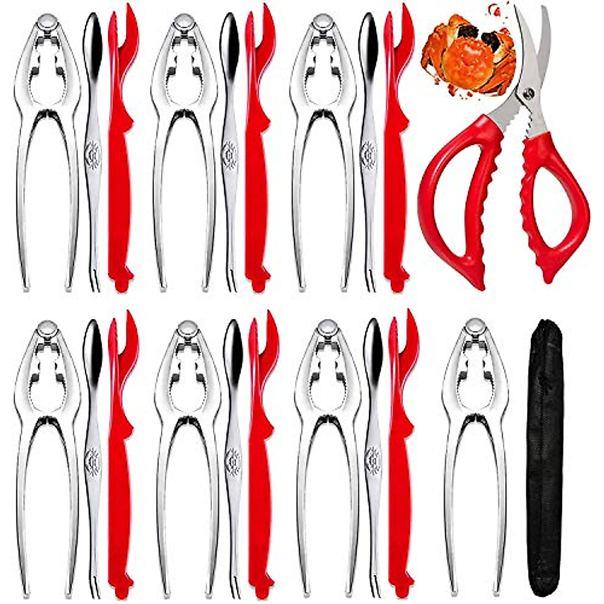 21-piece Crab Cracking Tools includes 7 Crab Crackers, 6 Lobster Shell Knife, 6 Crab Leg Forks and 1 Seafood Scissors & Storage Bag - Seafood Tools Nut Cracker Set