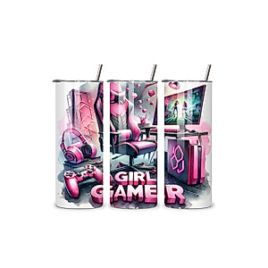 Girl Gamer 20oz Skinny Tumbler with Metal Straw – Pink Gaming Setup Design with Controller and Headset – Double-Walled Insulated Stainless Steel Tumbler for Hot & Cold Drinks (Darker)