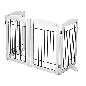Spirich Free Standing Foldable Wire Pet Gate for Dogs, 80 inches Extra Wide, 30 inches Tall 4 Panels Dog Gate for the House, Doorway, Stairs, Pet Puppy Safety Fence,Set of Support Feet Included, White