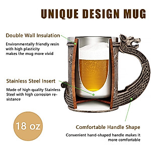 WOKHACH Medieval Viking Mug Beer Stein Tankard,Stainless Steel Drinking Tankard Mug Coffee Cup,Norse Mythology Poetic Gothic Decor Party Decoration Drinkware Gift for Men18OZ(Drakkar Warrior)