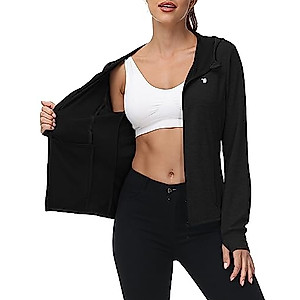 Rdruko Women's Zip Up Hoodie Light Active Jacket UPF 50+ Hiking Outdoor Sun Shirts(Black, US S)