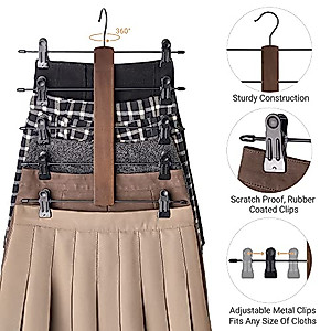 Mkono 3 Pack Pants Hangers Space Saving 5 Tier Skirt Hanger with Adjustable Clips, Wood Rubber Coated Clips Clothes Hanger for Shorts Trouser Jeans Organize 360 Swivel Multiple Closet Storage Hanger