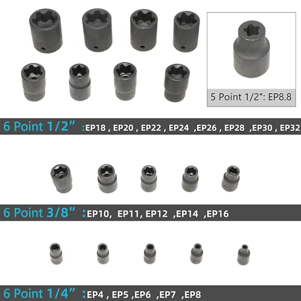 External Torx Plus Socket Set 6 Point EP Socket EP4, EP5, EP6, EP7, EP8, EP10, EP11, EP12, EP14, EP16, EP18, EP20, EP22, EP24, EP26, EP28, EP30, EP32 with 1/2'' 3/8'' 1/4'' Dr E-Torx Plus Socket 19pc