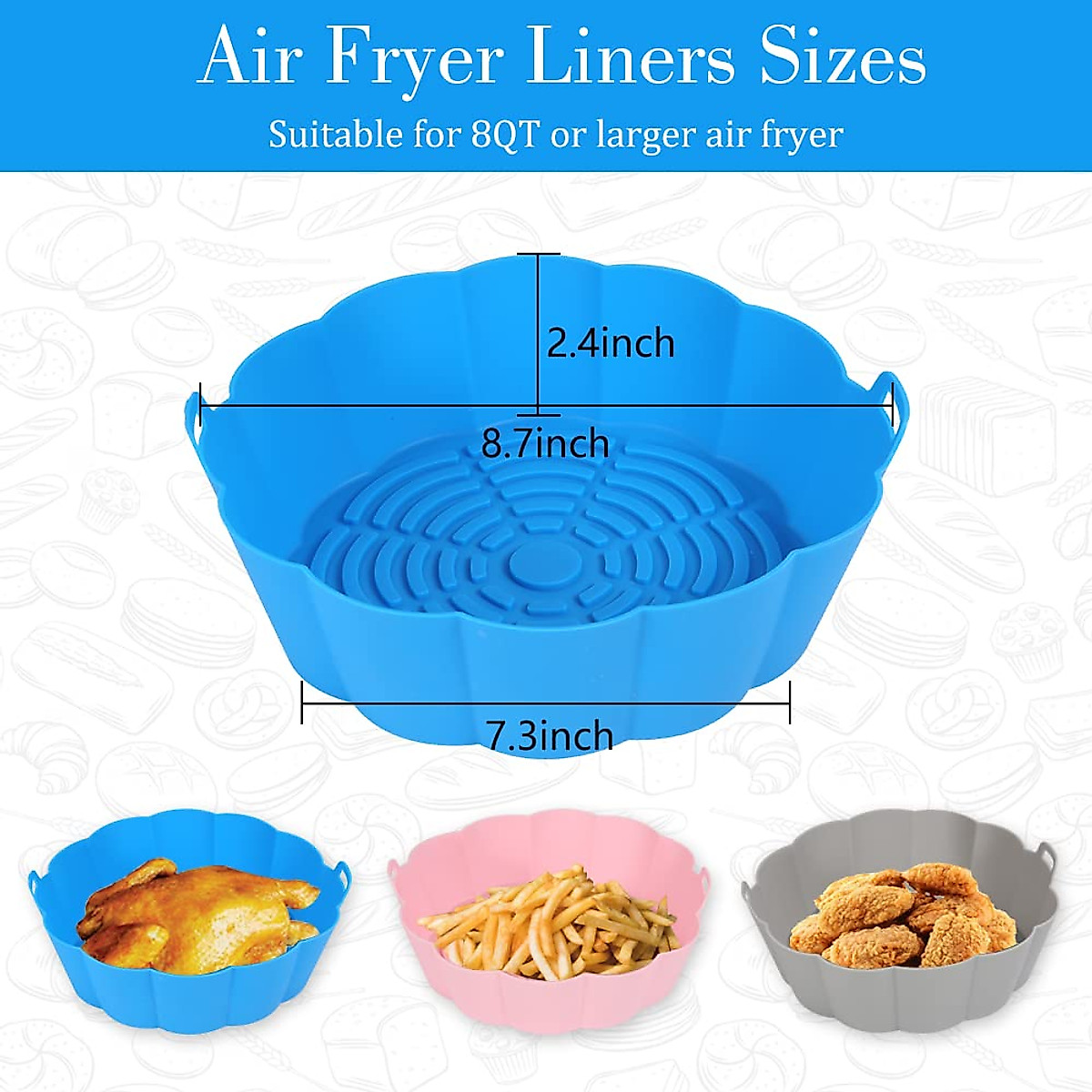 Silicone Air Fryer Liners 3 Pack Reusable Air Fryer Silicone Tray Basket Air fryers Silicone Pot Suitble for 3.5—5QT or Bigger Air fryers Oven（Blue,Grey,Pink)