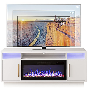 BELLEZE 70" Fireplace TV Stand for TVs Up to 80", LED Light Entertainment Center with 36" Electric Fireplace Heater, Storage Cabinet, Media Console Table for Living Room - Avenue (White)
