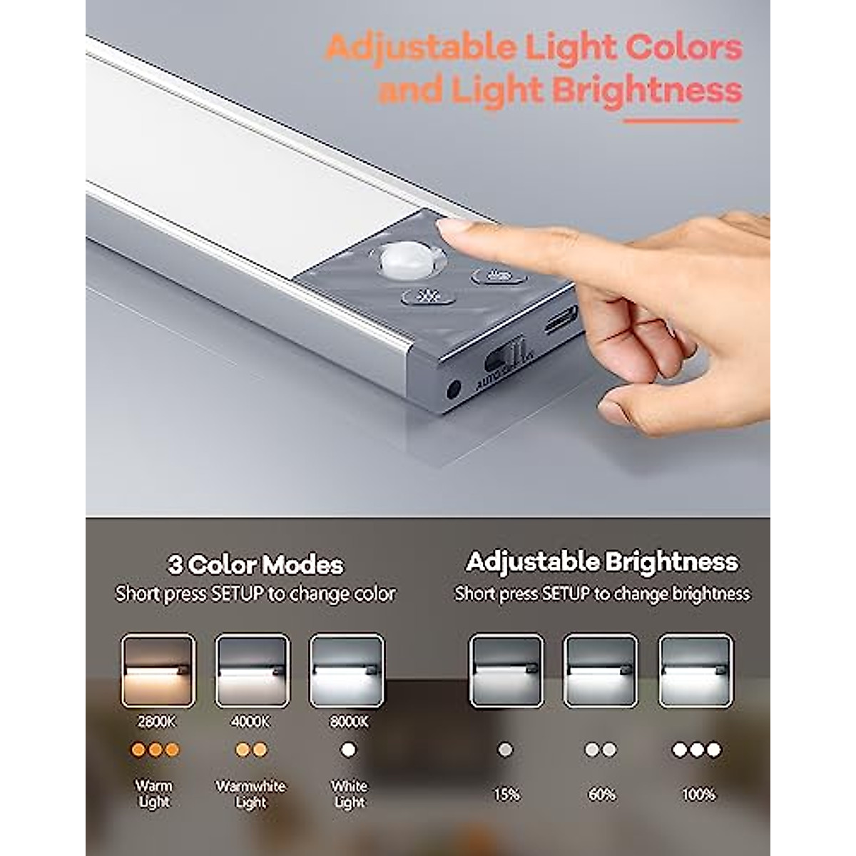 Under Cabinet Lights Rechargeable 40 LED Closet Lights, 3 Color Temperatures Dimmable Motion Sensor Lights Indoor, Wireless Magnetic Night Lighting for Kitchen, Wardrobe, Cupboard, Drawer, 2 Packs