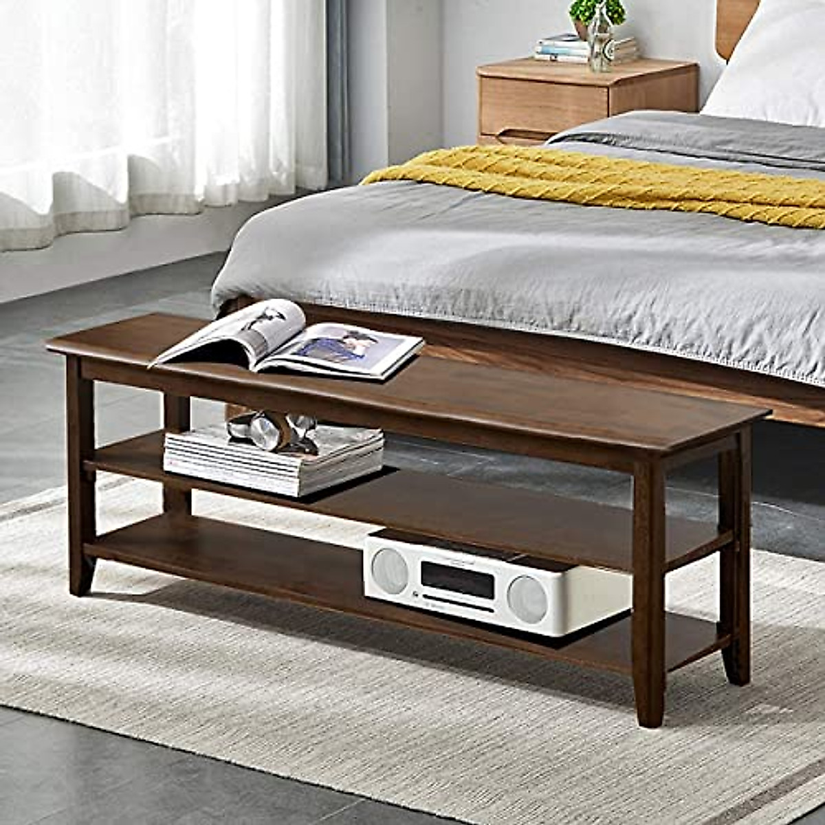 TinyTimes Shoe Bench, 3-Tier Wood Heavy Duty Shoe Rack Bench, Shoe Organizer Shelf, Ideal for Entryway, Living Room, Holds Up to 550 lbs -Drak Brown, 48"