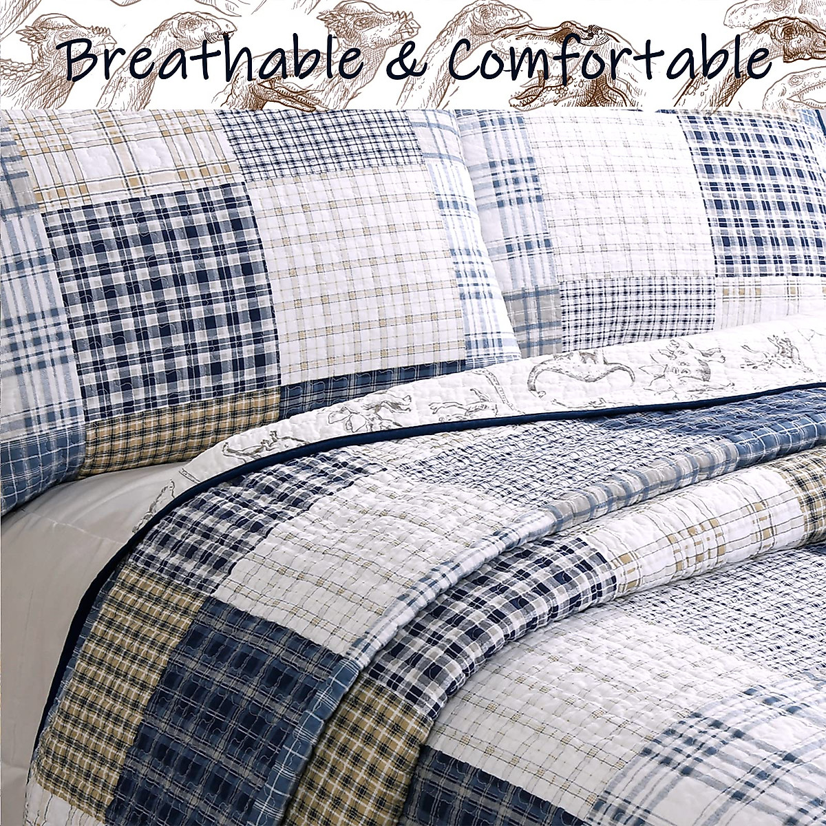 Cozy Line Home Fashions Benjamin Cute Dinosaur Plaid Navy Blue White Grey Bedding Quilt Set 100% Cotton Reversible Coverlet Bedspread Set for Kids Boy(Twin - 2 Piece)