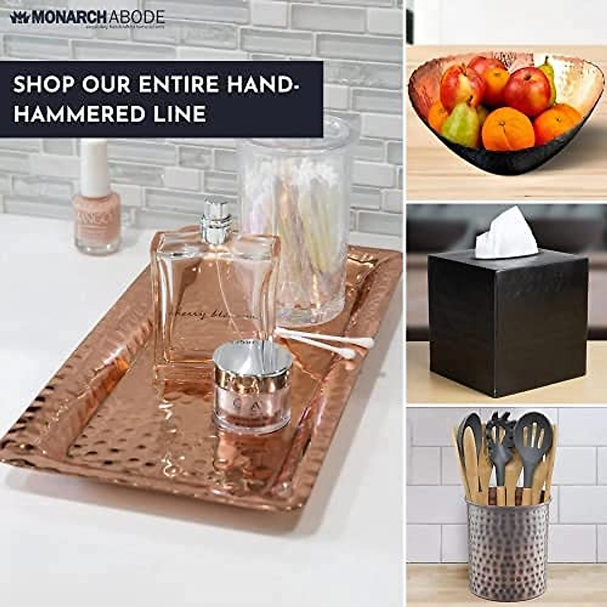 Monarch Abode Decorative Tray, Bathroom Counter Organizer, Vanity Tray, Kitchen Counter Storage, Hand-Hammered Platter, Nickel-Plated, 12" x 6"