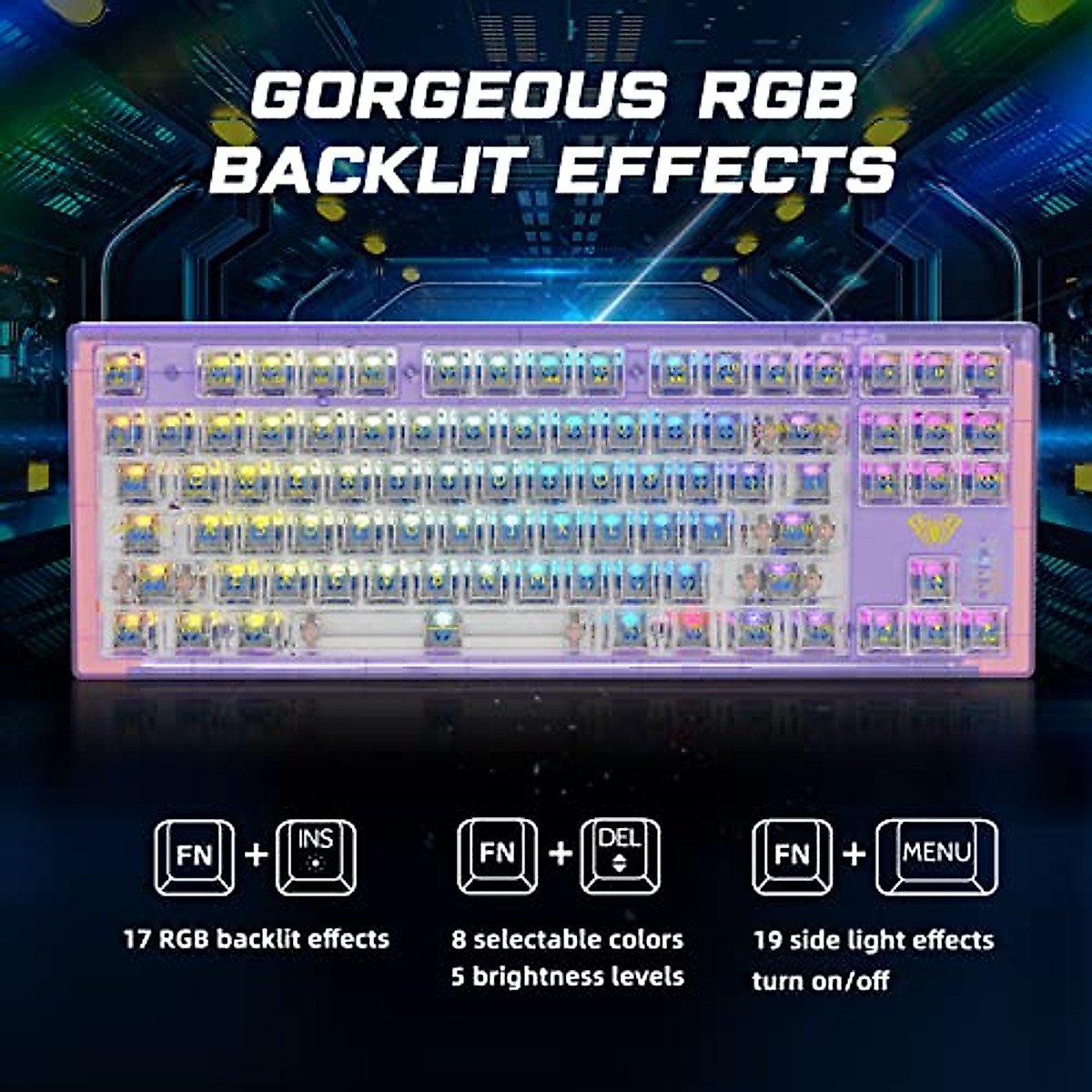 AULA Mechanical Gaming Keyboard, Wireless RGB Gaming Keyboard with Transparent keycaps, Support Hot Swappable and Programmable Macro Functionality, 2.4G & BT5.0 & USB-C, Blue Switch