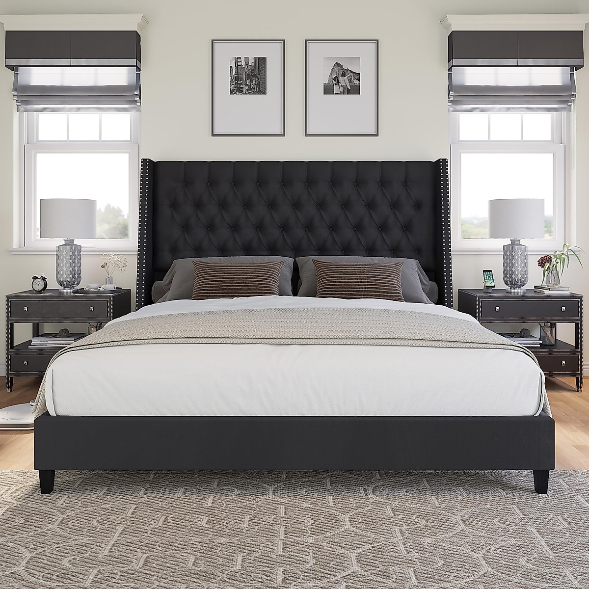 AMERLIFE King Size Nail Button Tufted Wingback Bed Frame, Linen Upholstered Platform Bed with 56" High Wingback Headboard, No Box Spring Needed, Black