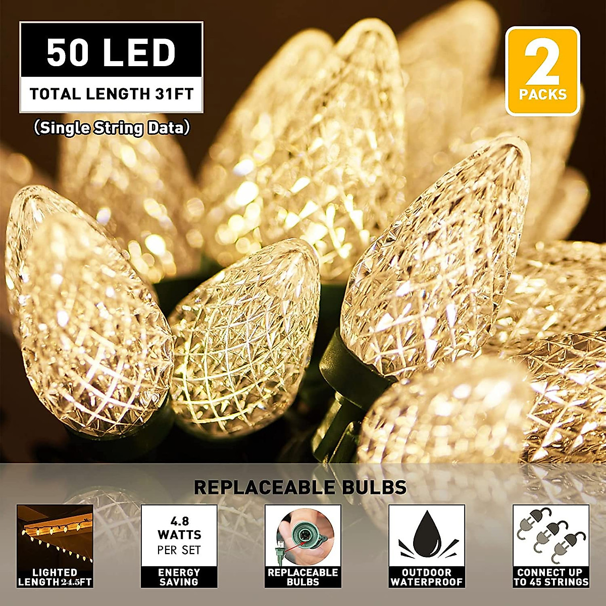 C9 Outdoor Christmas Lights 2 Pack 31ft 50 LED,String Lights Connectable Commercial Grade Outdoor Indoor Xmas Decorative Light Strand for Christmas Trees Garden Patio Parties Decor Warm White