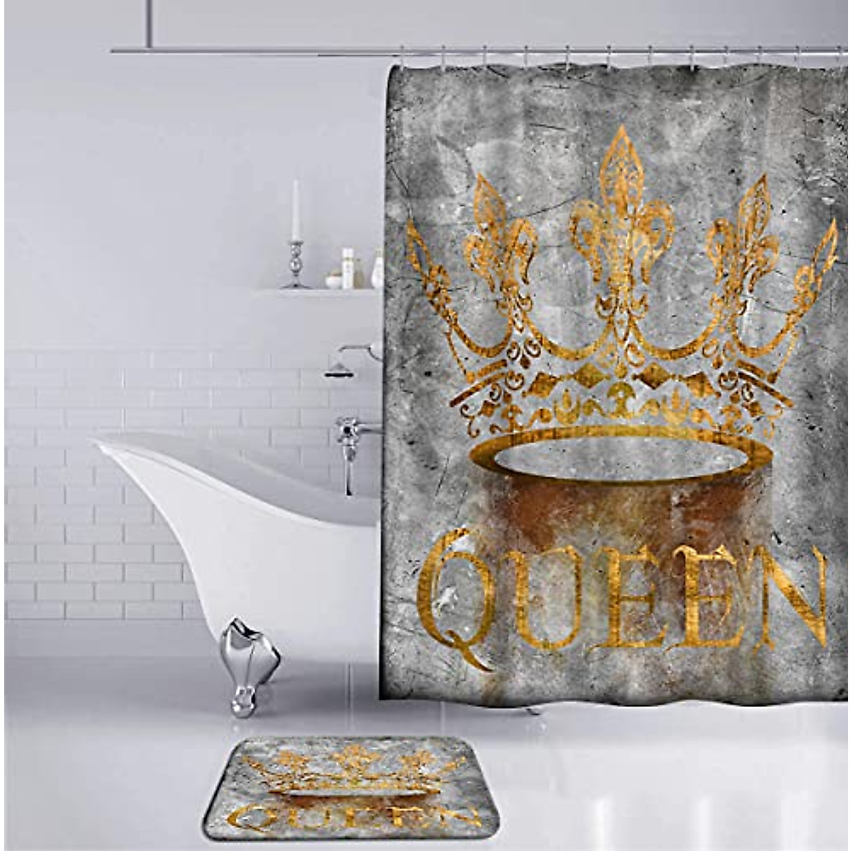 DuoBaorom 4 Pieces Set Queen Shower Curtain Set Abstract Golden Crown with Letter Queen Grey Artwork on Non-Slip Rugs Toilet Lid Cover Bath Mat and Bathroom Curtain with 12 Hooks 72x72inch