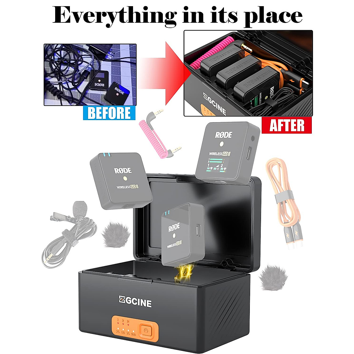 Wireless Charging Case Compatible for Rode Wireless GO 2, 3400mAh Battery Charger Storage Box for Rode Microphones Wireless Go II, ZGCINE ZG-R30 Pro