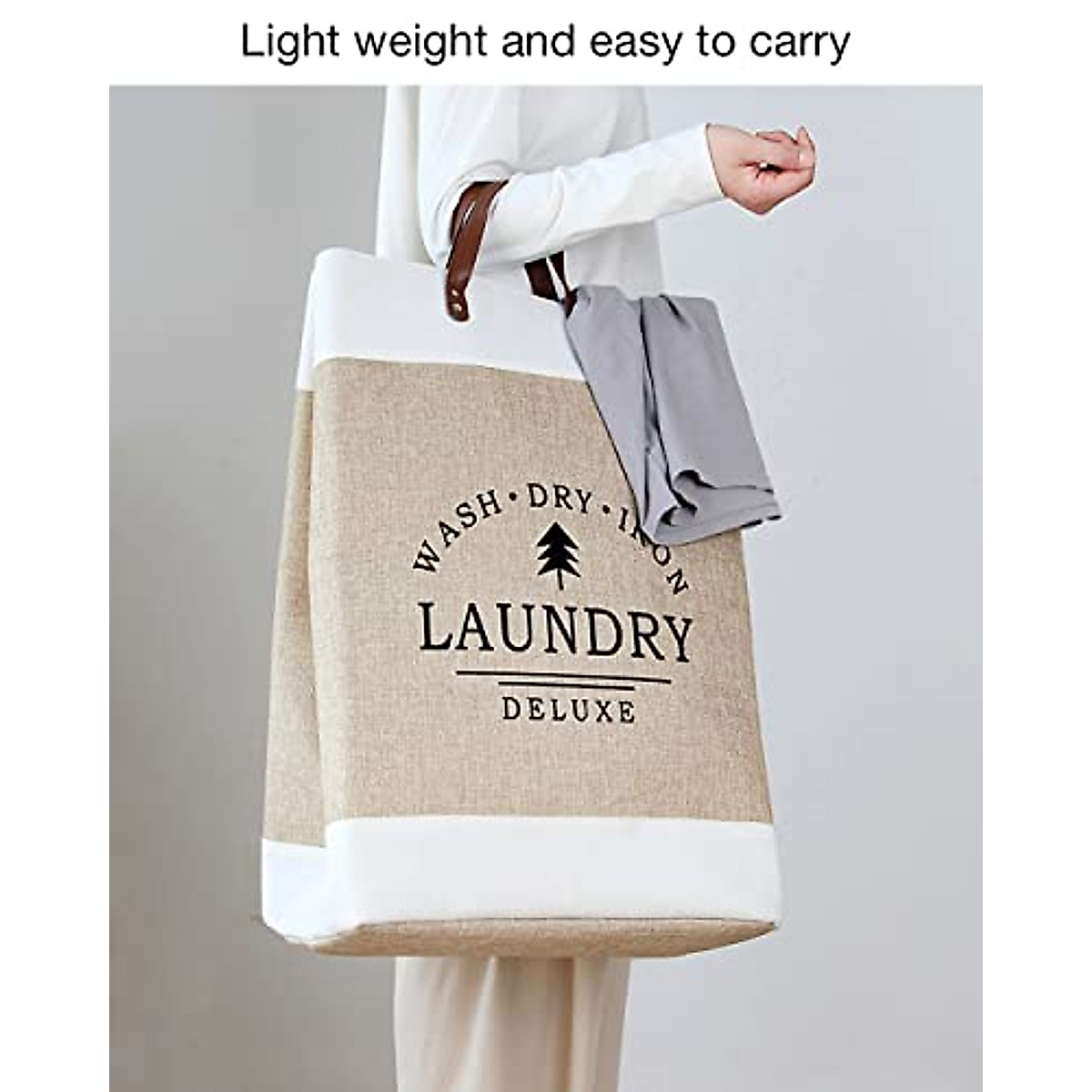 AMZTOP Linen Clothes Hamper Patchwork Collapsible Laundry Basket with Leather Handles for Storage Toys and Clothing in Bedroom, Bathroom Foldable Laundry Hamper 68L