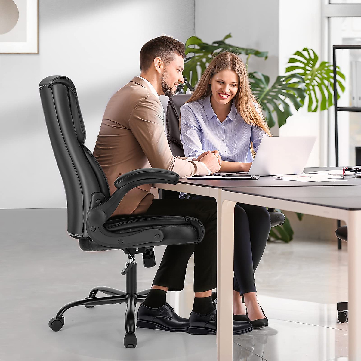 Executive Office Chair – Ergonomic Adjustable Computer Desk Chairs with High Back Flip-up Armrests, Swivel Task Chair with Lumbar Support, Bonded Leather