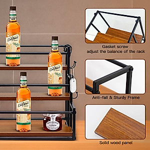 AIEWEV Coffee Syrup Rack Organizer with 3-Tier 12 Bottle Storage - Coffee Bar Holder Shelves with 3 Hooks - Liquor Cabinet Stand for Kitchen Coffee Station on Countertop