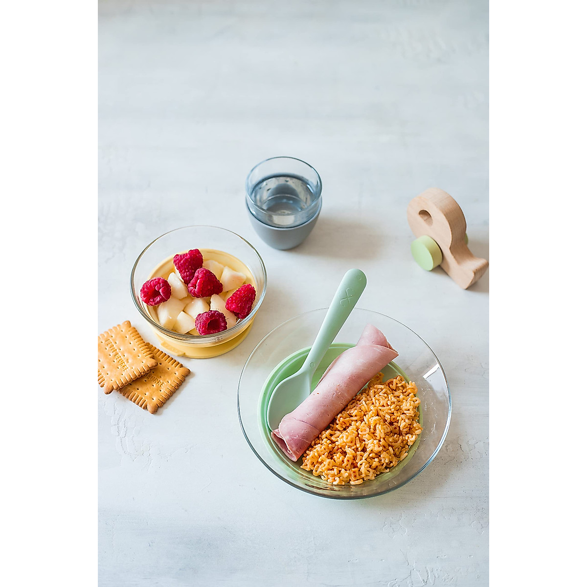 BEABA 3-Piece Glass and Silicone Meal Set - Easy to Clean - Dishwasher and Microwave Safe - Non-Slip Suction Bottom - Includes Plate, Bowl, Cup (Pastel)