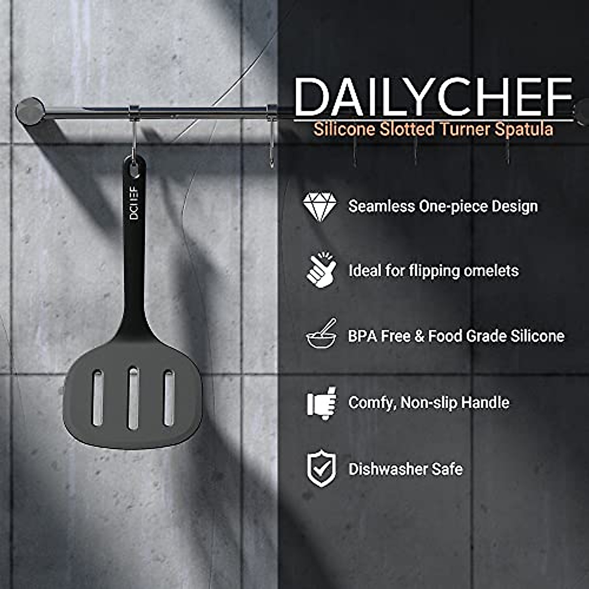 Dailychef Large Silicone XL Slotted Turner Black - Slotted Wide Spatula Pancake Flipper