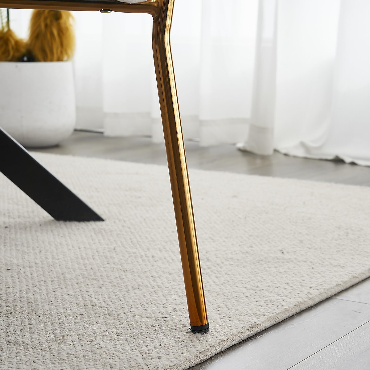 RIGHTPARTS Boucle Dining Chairs Set of 4, Modern Upholstered Fleece Fabric Kitchen Chairs, Mid-Century Round Dining Chairs Curved Backrest Metal Legs for Dining Room/Living Room (Black 1, 4)