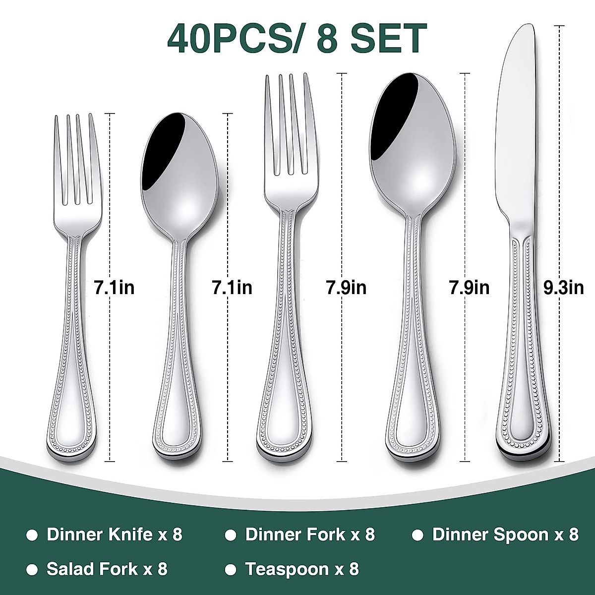 40 Pieces Silverware Set, Pearled Edge Silverware Cutlery Set Service for 8, Premium Stainless Steel Flatware Set, Knife Fork Spoon Tableware Set for Home, Restaurant, hotel, Dishwasher Safe