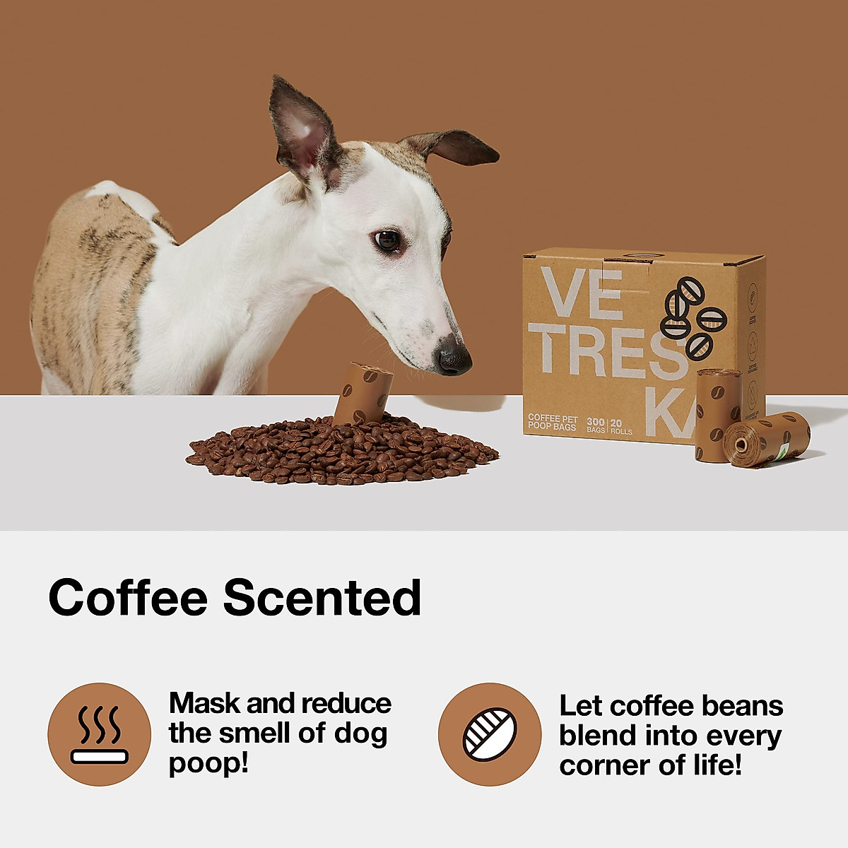 VETRESKA Dog Poop Bag Dispenser with Coffee Scented Waste Bags, Leak Proof, Extra Thick and Large Pet Poop Bags, 1 Count Bag Holder and 105 Count Bags (7 Refill Rolls) for Dogs and Cats