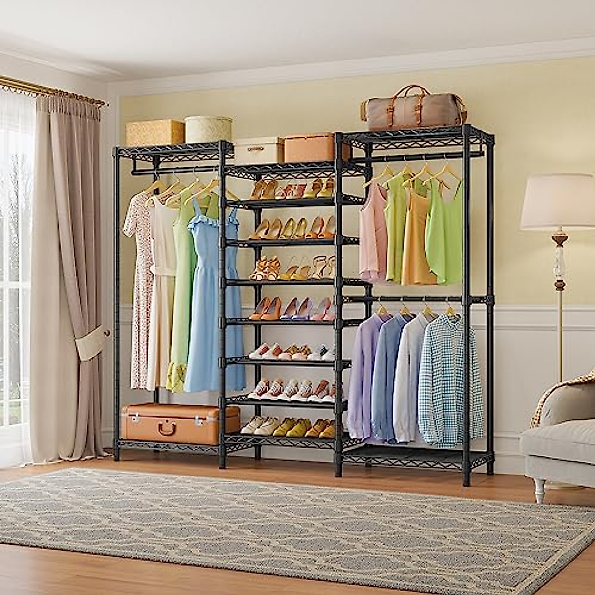 VIPEK S3 Heavy Duty Garment Rack Free Standing Clothes Rack Closet Storage Organizer Large Wardrobe with 6-Tier Shoe Rack, Hanging Rod, Adjustable Shelf, 68.9" L x 15.7" W x 76.4" H, Black