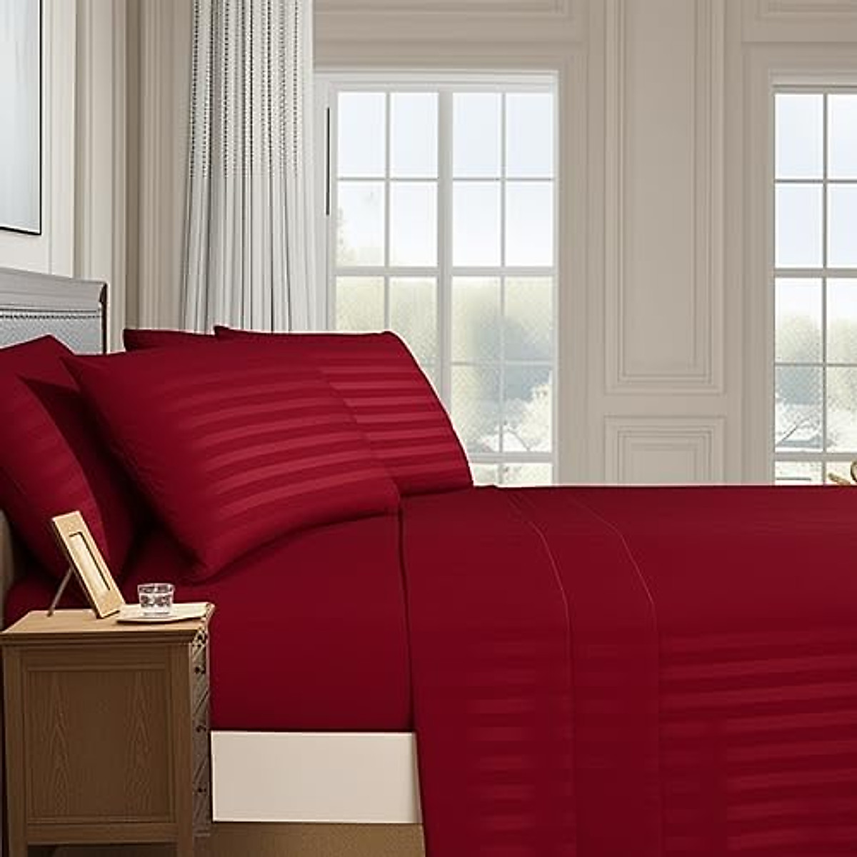 Cotton California King Size Sheets, 4 Piece Set, Deep Pocket up to 16", Sheet & Pillowcase, Hotel Bed Sheet, Breathable & Cooling, Wrinkle Free, Extra Soft, Easy Fit(Striped,Burgundy,California King)