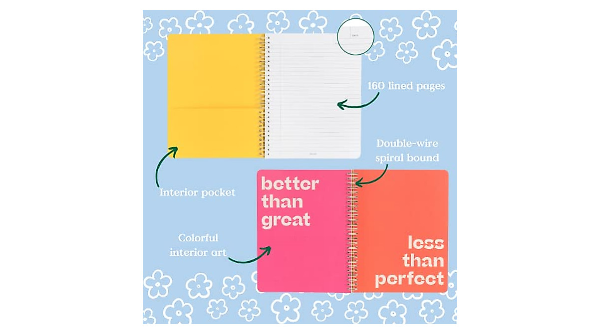 ban.do Floral Rough Draft Mini Spiral Notebook,8.5" x 6.75" with Pockets and 160 Lined Pages ...