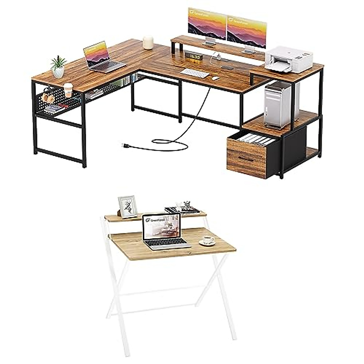 GreenForest Folding Desk No Assembly Required and L Shaped Desk with Drawers, 69 inch Corner Compuer Desk
