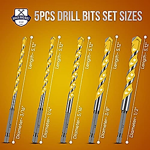 Baker and Bolt Masonry Drill Bit Set, 5 Pcs Concrete Drill Bit Set, for Ceramic Tile Brick Wood Plastic Cement. Impact Ready. Tungsten Carbide Tips 5.12'' Long, Sizes 3/16, 1/4, 5/16, 3/8, 1/2.