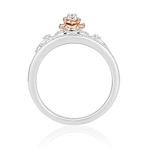 Jewelili Enchanted Disney Fine Jewelry Sterling Silver and 10K Rose Gold 1/10 CTTW Belle Rose Tiara Ring