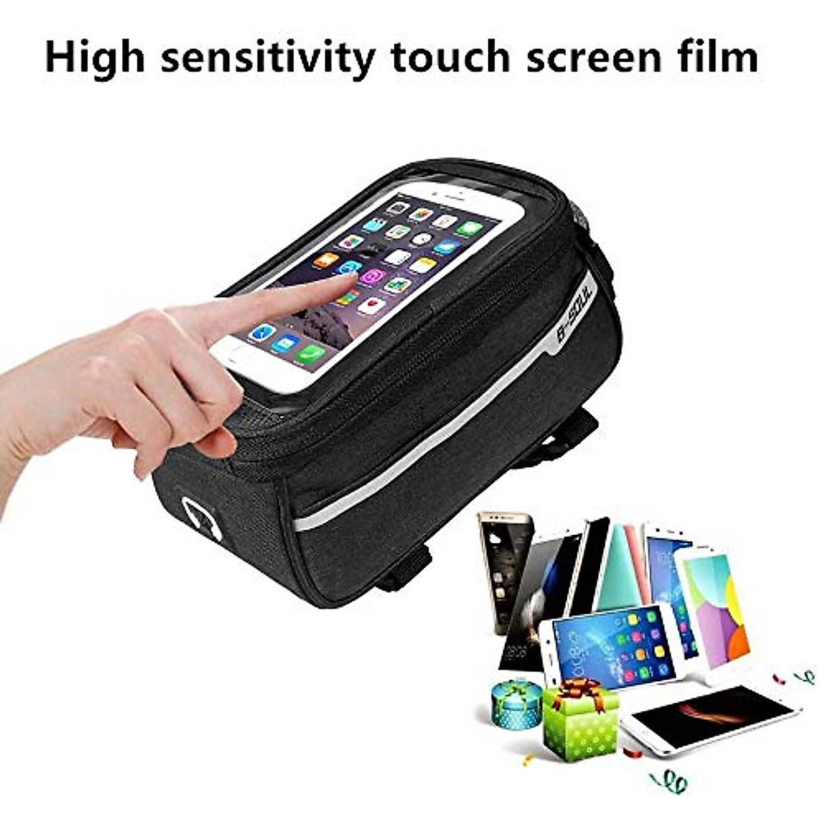 Bike Phone Mount Bag Cycling Bicycle Front Frame Top Tube Handlebar Bag with Touch Screen Holder Case for Samsung Note 20 Ultra S20 Ultra S20 Plus A51 A71 Moto Edge G Plus Power Stylus (black)