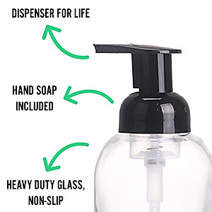 Splash | Glass Soap Dispenser with Foam Pump | Refillable Foaming Soap Dispenser for Bathroom Kitchen | 2 Pack 8 FL OZ (16oz Total) Clear Soap Dispenser | x6 Hand Soap Included