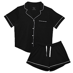 LUBOT 100% Cotton Women's Pajamas Set Short Sleeve Button-Down Shirt PJ Two-piece Shorts Set Summer Night Suit Sleepwear Loungewear (Black, M)
