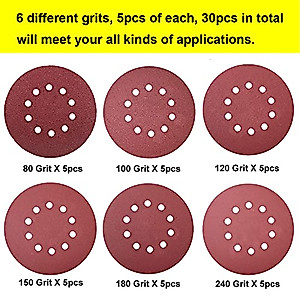 CUBEWAY 9 Inch 10 Hole Hook and Loop Abrasive Sandpaper, 30 Pcs Drywall Sander Sanding Discs, 5Pcs Each of 80 100 120 150 180 240 Grits, CW225H10