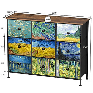 EXOTICA Van Gogh 9 Drawers Dresser Wide TV Stand Colorful Dressers & Chest of Drawers Enterway Furniture for Bedroom Living Room Hallway Closets Steel Frame Wood Top
