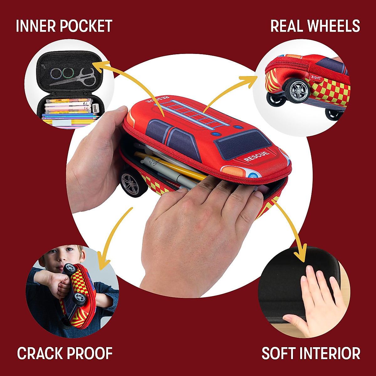ZIPIT Fire Truck Pencil Case for Boys, Large Capacity Pencil Box for School