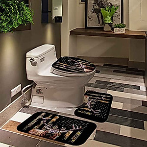 SKAILIÉ 4PCS Deer Shower Curtain Set, Camo Camouflage Black American Flag Moose Elk Woodland Animal Hunting Lodge Cabin Country Rustic Farmhouse Bathroom Decor Fabric Shower Curtain, Non-slip Bath Mat