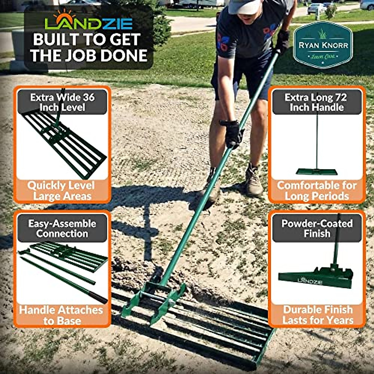 Landzie and Ryan Knorr Lawn Care 36 Inch Wide 72 Inch Handle Powder Coated Yard, Lawn, and Garden Leveler Rake with Powder Coated Finish